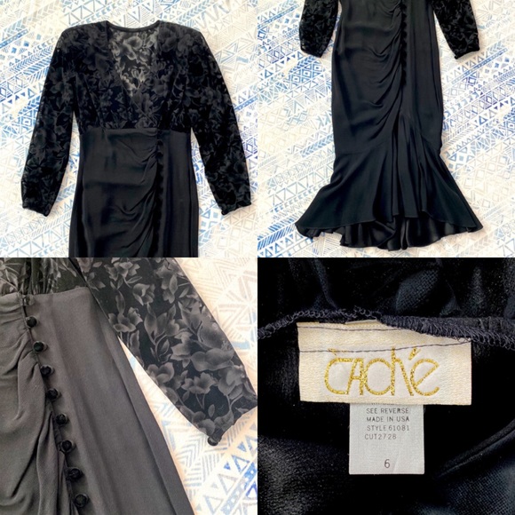 Cache | Dresses | Cache Vintage Black Velvet Long Sleeve Dress | Poshmark